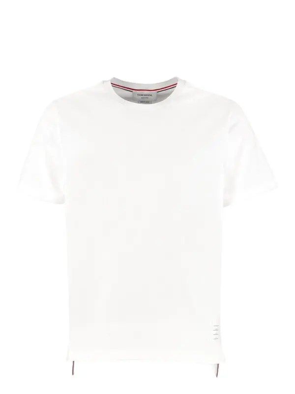 Thom Browne Crew-neck Cotton T-shirt With Front Patch Logo And Side Slits - White
