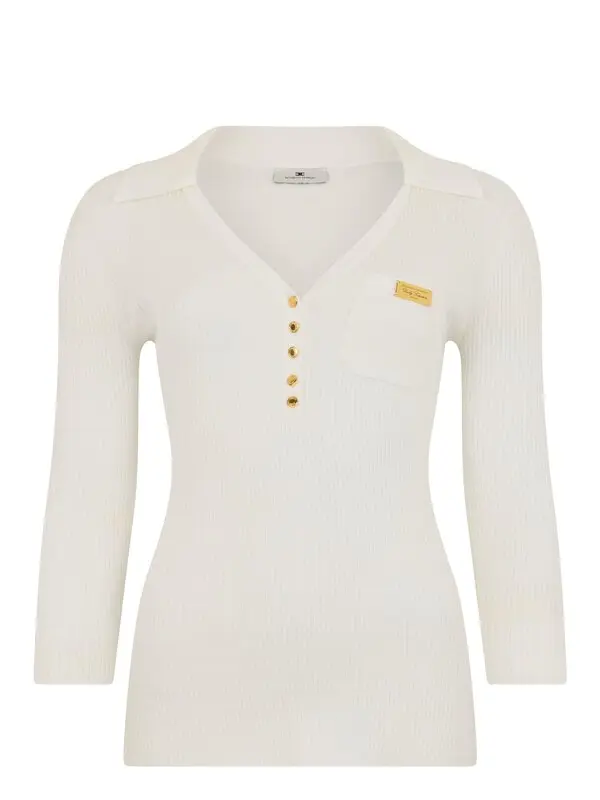 Elisabetta Franchi Ribbed Long-sleeve Polo Shirt With Button Placket And Embroidered Logo - White