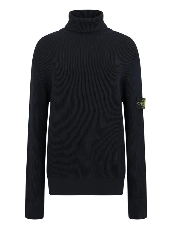 Stone Island Virgin Wool Ribbed Turtleneck Sweater - Black