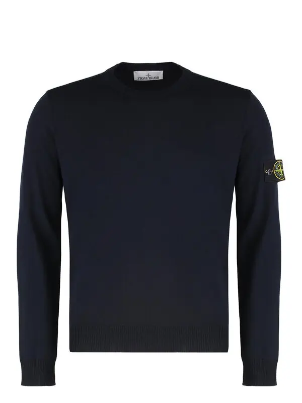 Stone Island Virgin Wool Crewneck Sweater With Removable Logo Patch - Blue