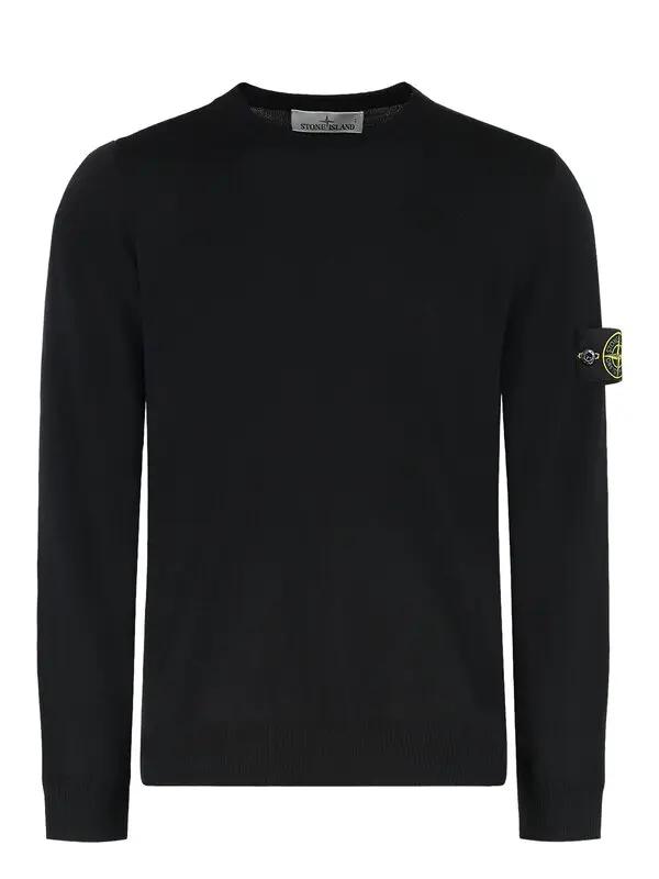 Stone Island Virgin Wool Crew-neck Sweater With Removable Logo Patch - Black