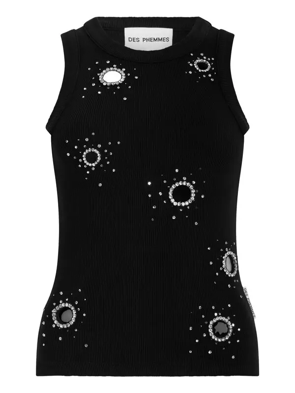 DES_PHEMMES Sleeveless Ribbed Top With Embellished Circular Cut-outs - Black