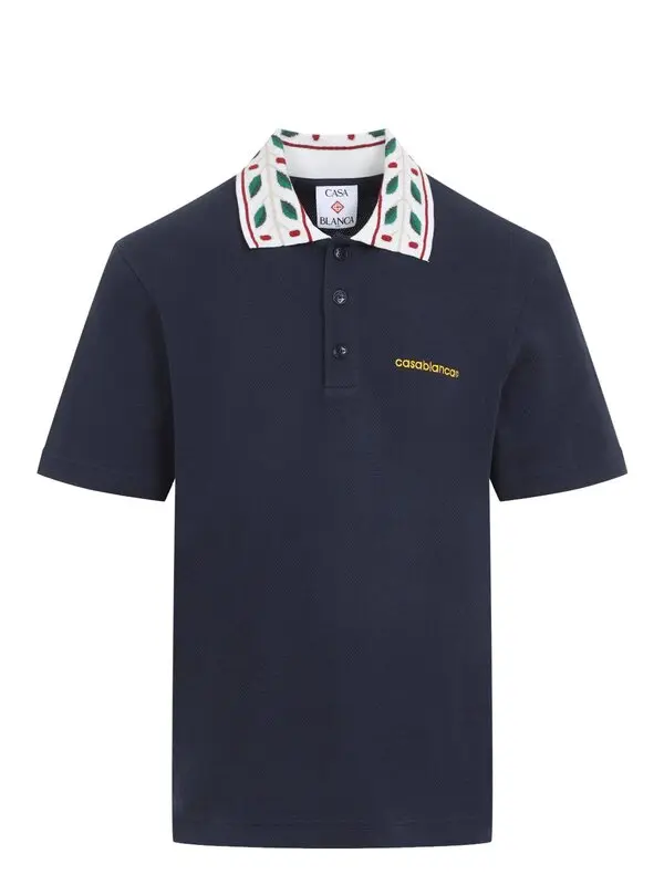 Casablanca Laurel Embroidered-collar Piqué Polo Shirt - Navy