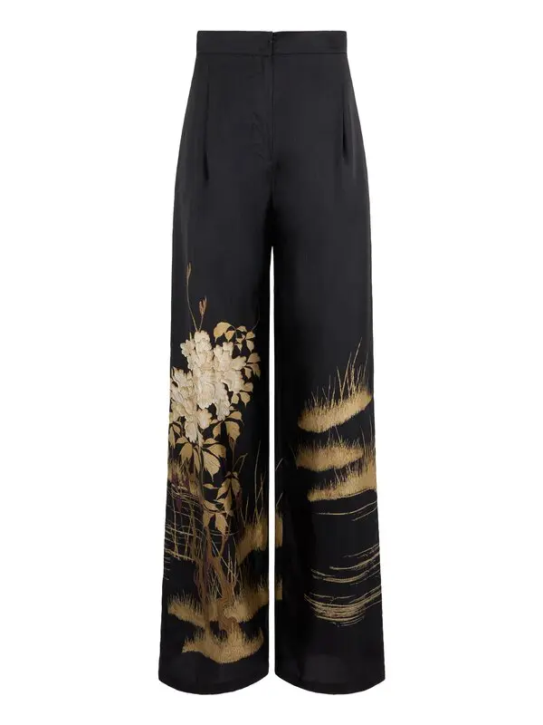 Max Mara Wide-leg Silk Pants With Artistic Print - Black