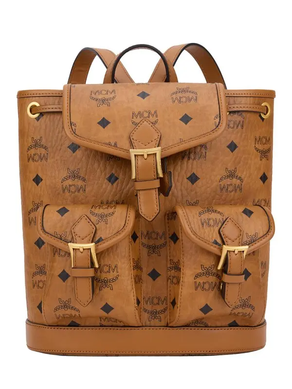 Mcm Synthetic Leather Backpack With Buckle Front Pockets - Camel