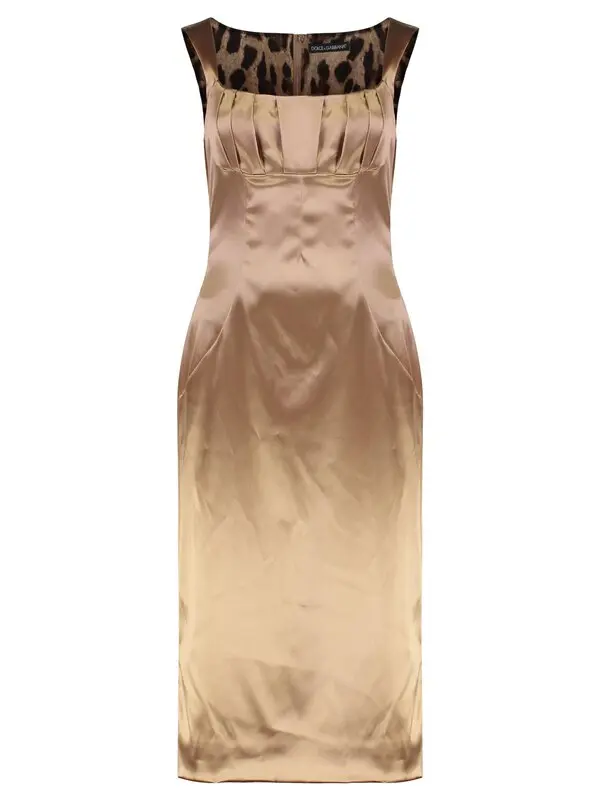 Dolce & Gabbana Stretch Satin Maxi Dress With Back Slit And Animalier Lining - Bronze