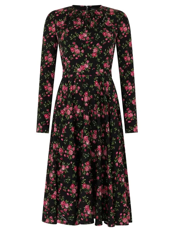 Dolce & Gabbana Silk Floral Long Sleeve Calf Length Dress - Black