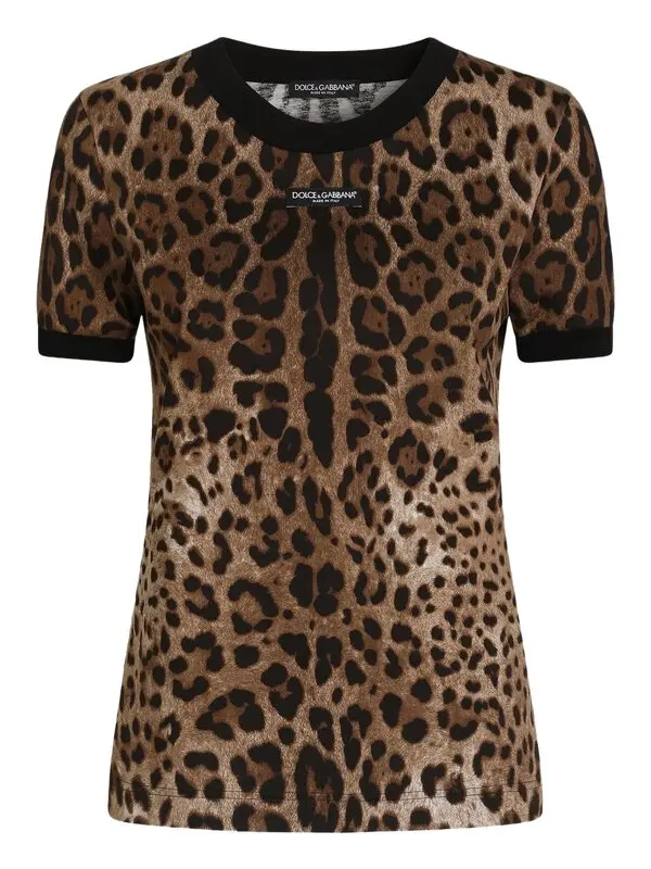 Dolce & Gabbana Cotton Leopard Print T-shirt With Contrast Details - Marrone