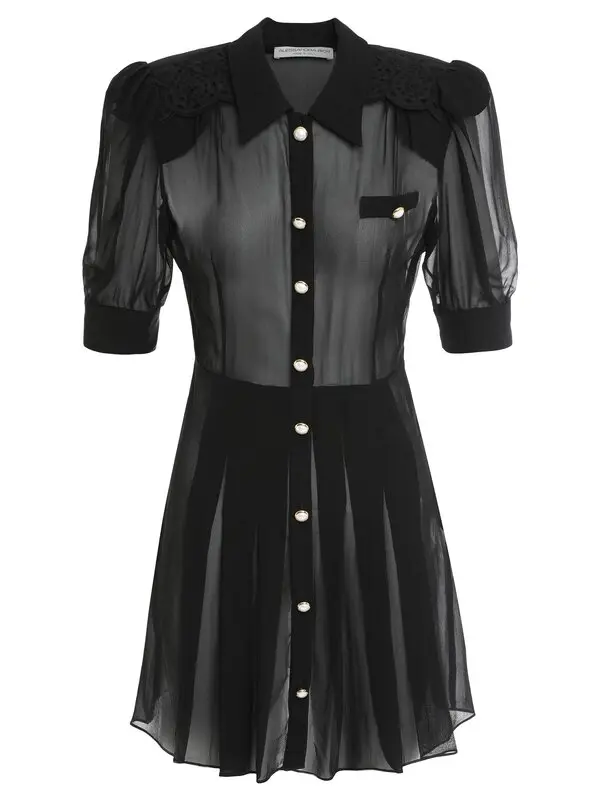 Alessandra Rich Mini Chemise Dress With Shirt Collar And Pleated Skirt - Black