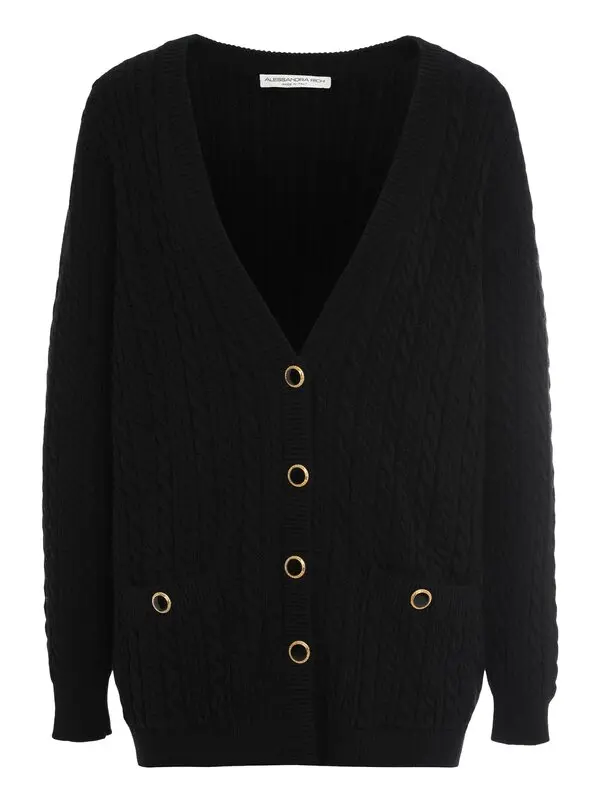 Alessandra Rich Cable Knit Wool Cardigan - Black
