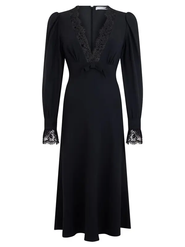 Alessandra Rich V-neck Lace Trimmed Midi Dress - Black