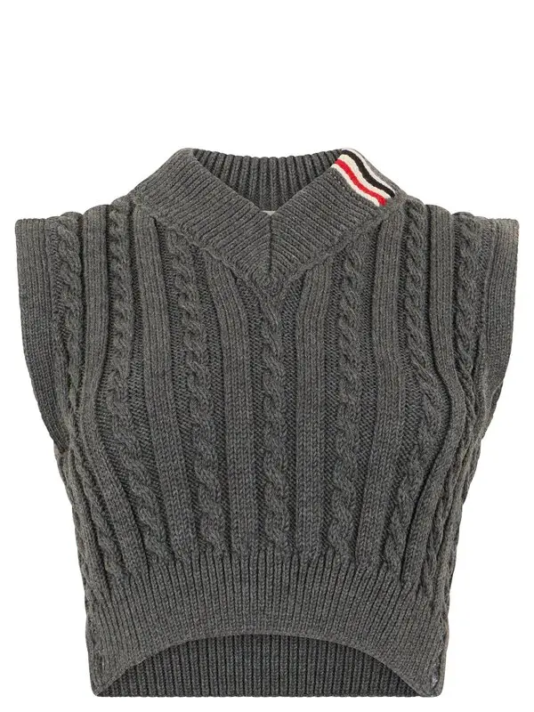 Thom Browne Woven Virgin Wool Mini Vest With Vertical Ribbing And V-neckline - Grey