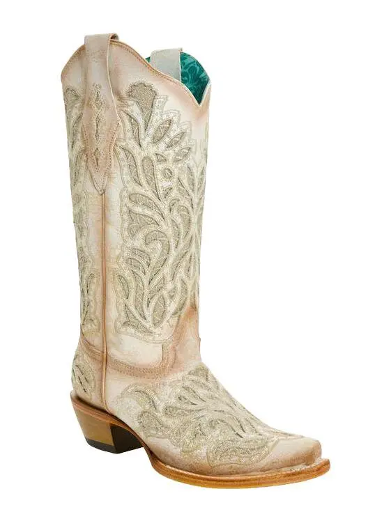 CORRAL Glitter Embroidered Leather Cowboy Boots - White