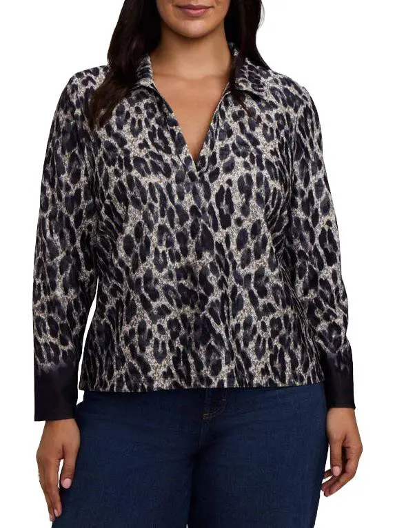 Foxcroft Talia Cheetah Print Crepe Knit Long Sleeve Polo - Black/multi