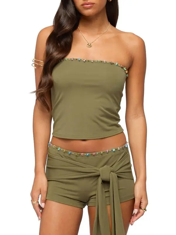 EDIKTED Monroah Beaded Strapless Cropped Top - Olive