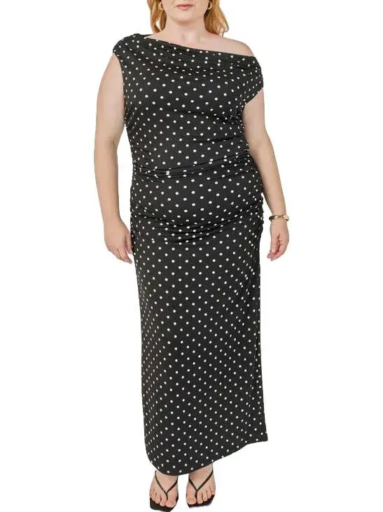 Endless Rose Polka Dot Asymmetrical Neck Midi Dress - Black/white Dot
