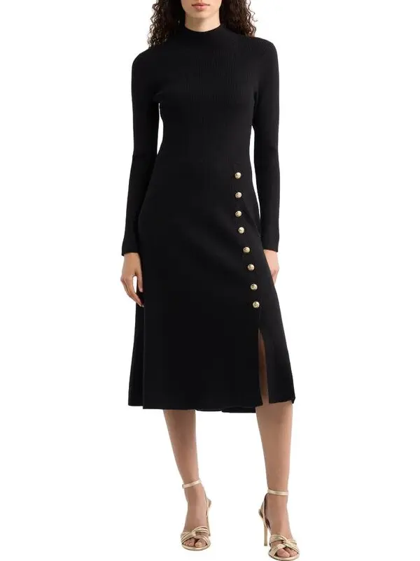 Elie Tahari Adhara Ribbed Mock Neck Long Sleeve Sweater Dress With Button Detail - Noir