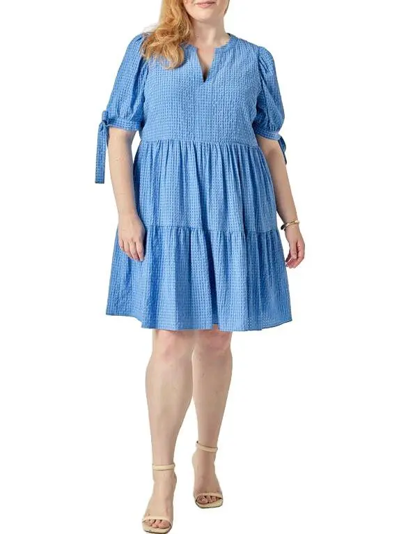 English Factory Gingham Textured Tiered Mini Dress With Puff Sleeves - Blue