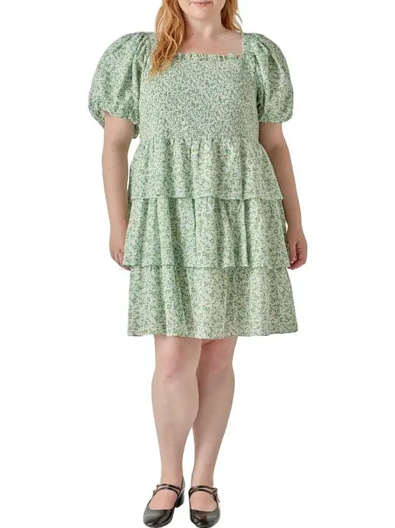 English Factory Crinkled Floral Smocked Dress - Green