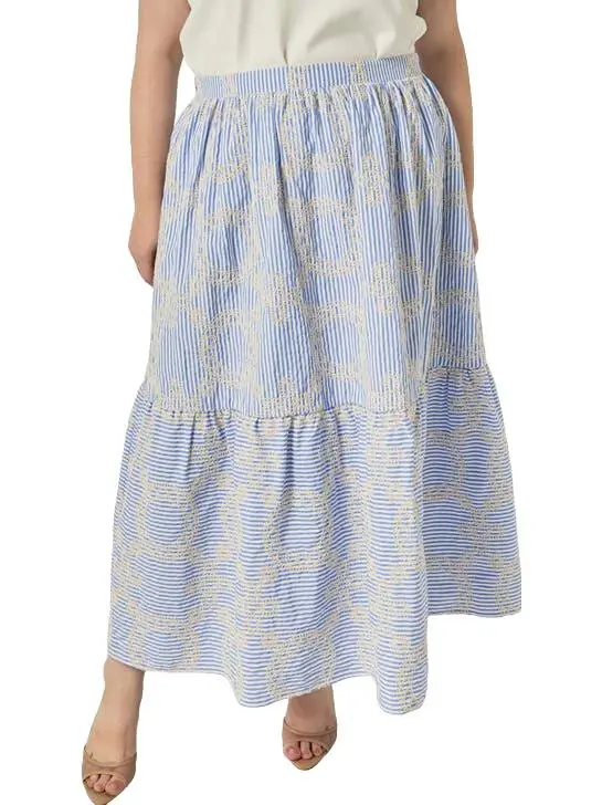English Factory Embroidered Stripe Midi Skirt - Blue