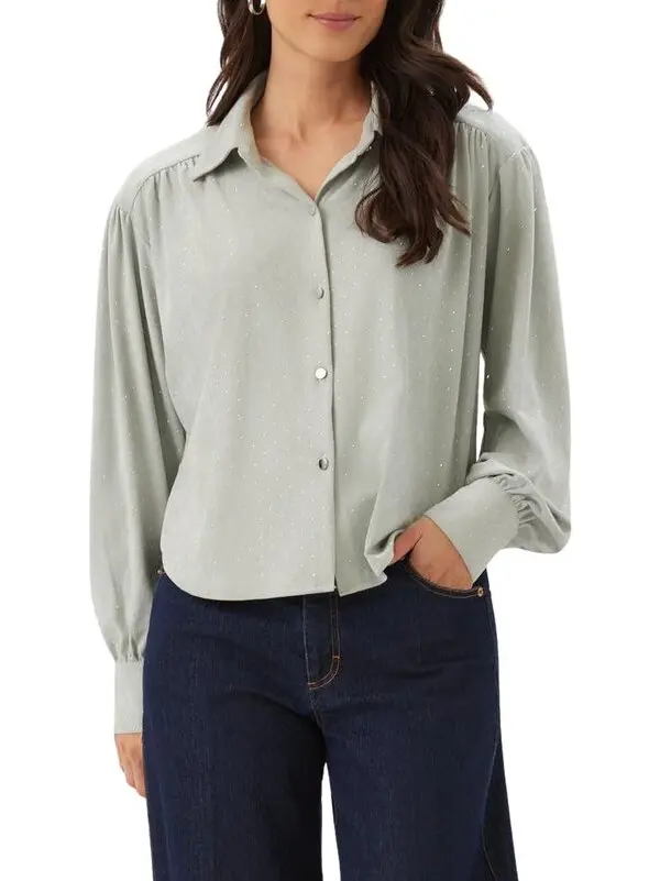 Karen Kane Embellished Faux Suede Balloon Sleeve Shirt - Powder Blue