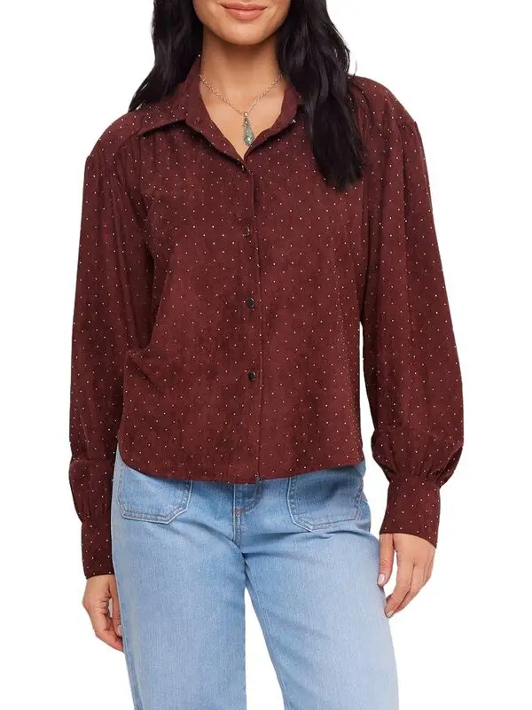 Karen Kane Embellished Faux Suede Balloon Sleeve Shirt - Wine