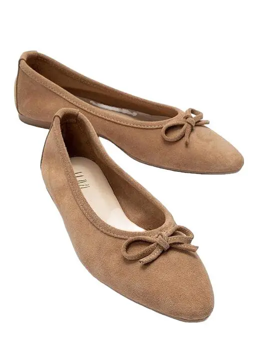 FOREVER & ALWAYS SHOES Leather Bow Ballet Flats - Cognac Suede