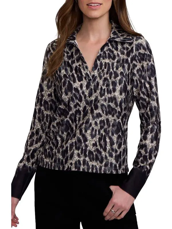 Foxcroft Talia Cheetah Print Crepe Knit Long Sleeve Polo - Black/multi