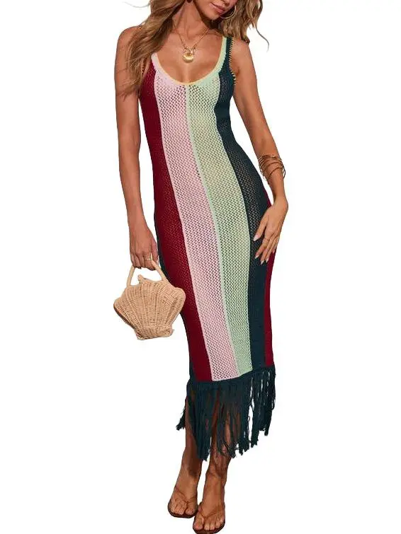 VICI Marion Stripe Open Stitch Fringe Midi Dress - Multi