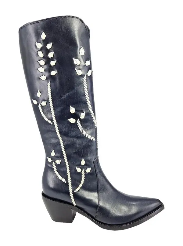 MADISON MAISON Knee-high Western Boots With Floral Embroidery - Navy