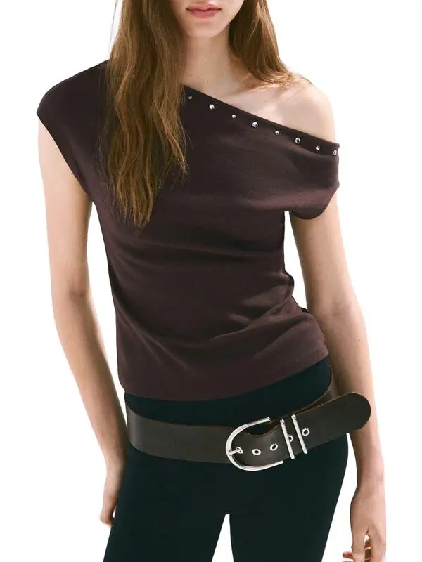 Mango Asymmetrical Studded T-shirt - Brown