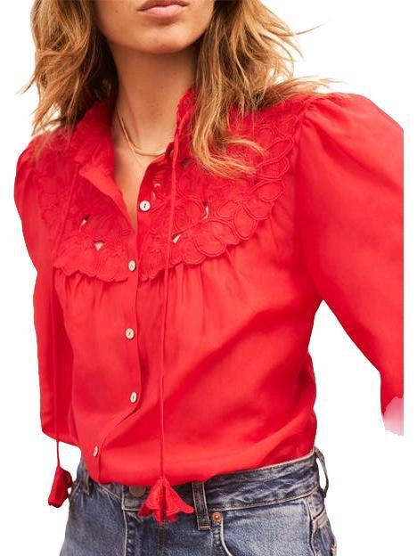 Mint Velvet Floral Detail Cutwork Blouse - Red