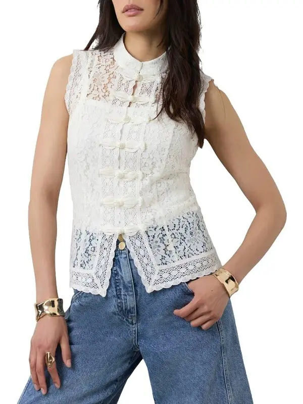 Mint Velvet Lace Mandarin Collar Military Top - Ivory