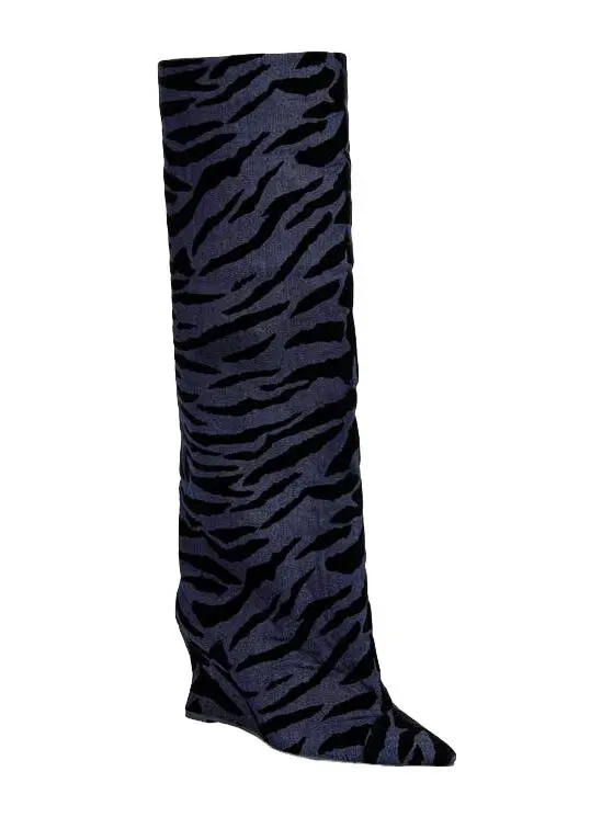 AZALEA WANG Knee High Wedge Boots - Denim