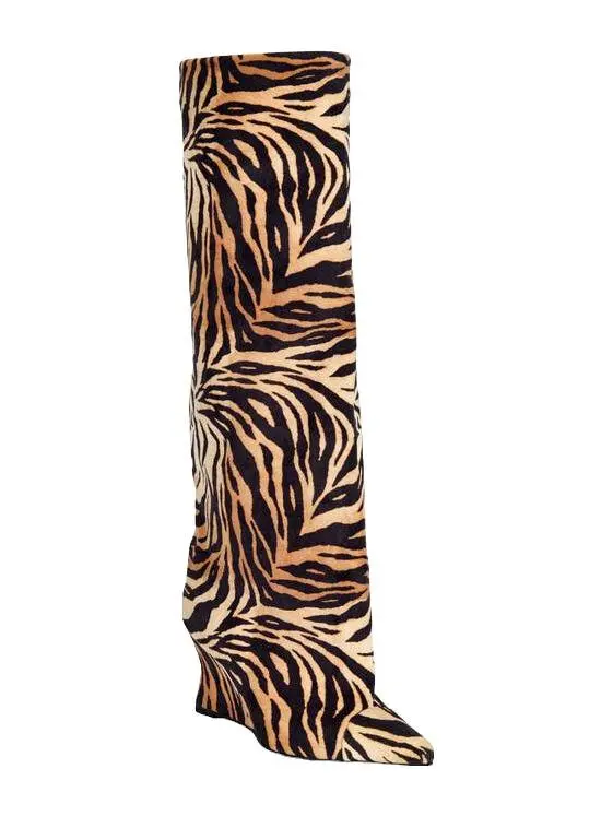 AZALEA WANG Knee High Wedge Boots - Orange Multi