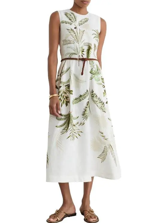 REISS Palma Palm Print Linen Midi Dress - Ivory/khaki