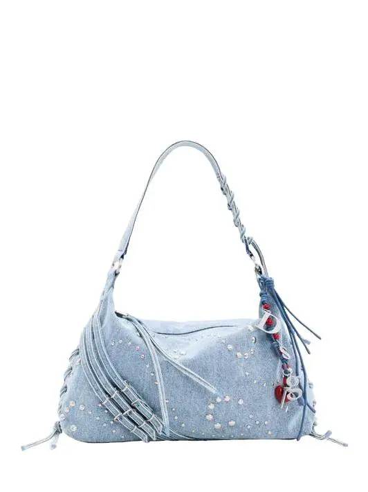 Desigual Medium Denim Shoulder Bag With Embellished Hardware - Light Blue
