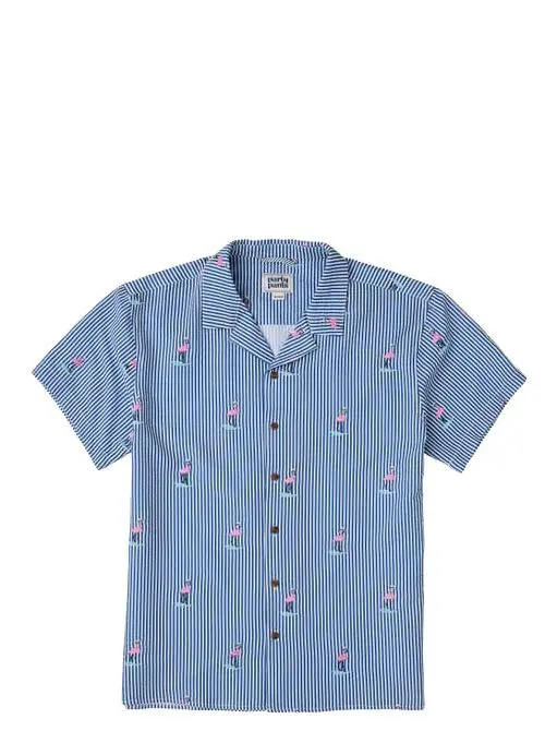 PARTY PANTS Mingo Weekender Stripe Flamingo Print Seersucker Camp Shirt - Indigo