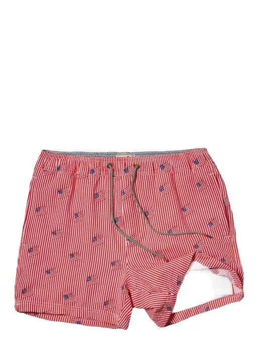 PARTY PANTS Embroidered Stripe Swim Trunks With Bottle Opener - Red
