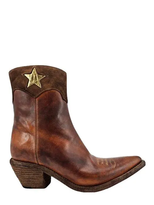 MADISON MAISON Star Motif Pointed Toe Ankle Boots - Cognac