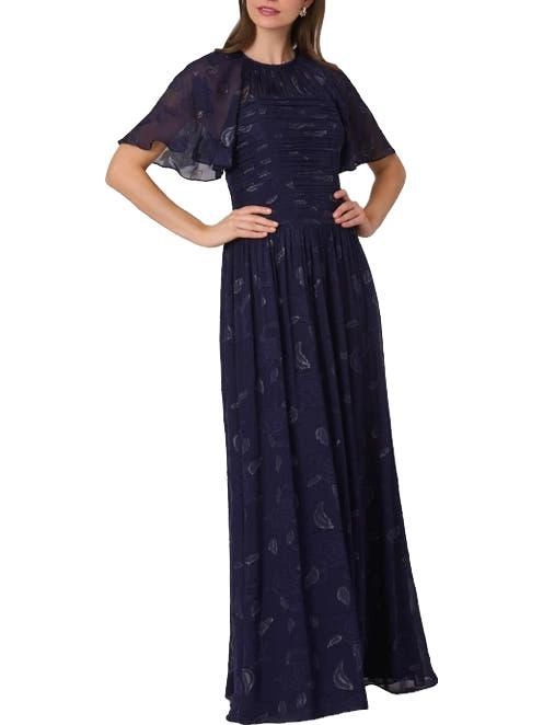 Shoshanna Midnight Lurex Clip Chiffon Serafina Gown - Navy/gold