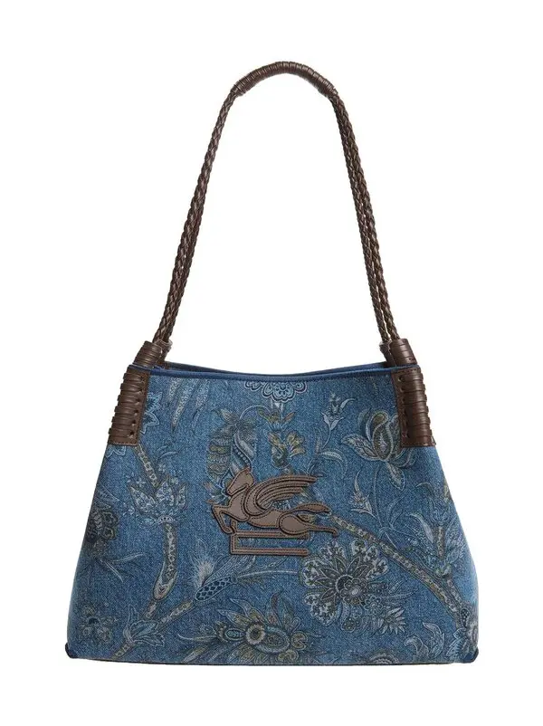 Etro Small Libra Denim Shopping Tote With Pegaso Logo - Print On Blue Base