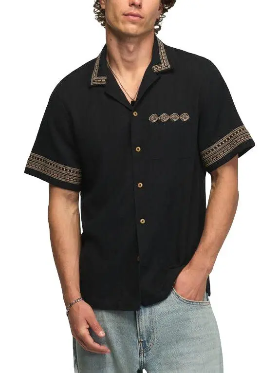 Lucky Brand Embroidered Cotton Camp Shirt - Black