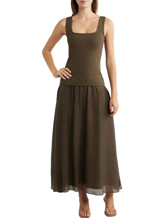 Moon River Square Neck Sleeveless Midi Dress - Olive