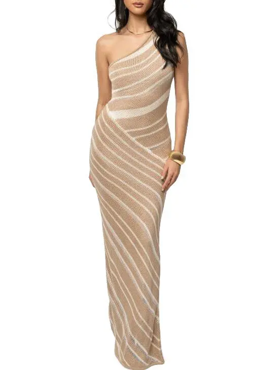 JLUXLABEL Sanibel Ruched Maxi Knit Dress With One-shoulder Neckline And Diagonal Stripes - Beige/ivory