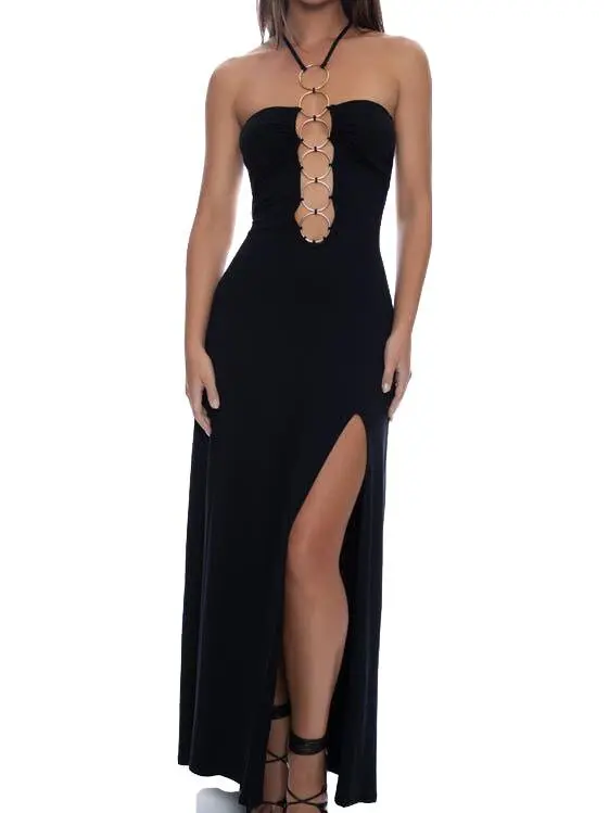 Luli Fama Inner Circle Halter Ring Long Dress - Black