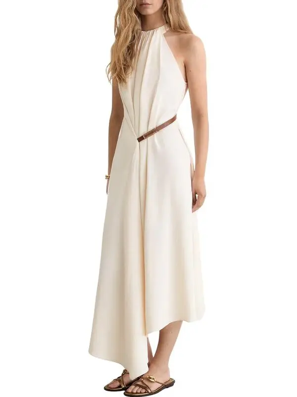 REISS Evie Halter Neck Midi Dress With Belt - Ivory
