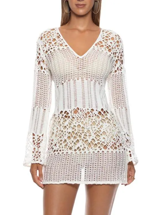 Luli Fama Crochet V-neck Long Sleeve Mini Dress - Ivory