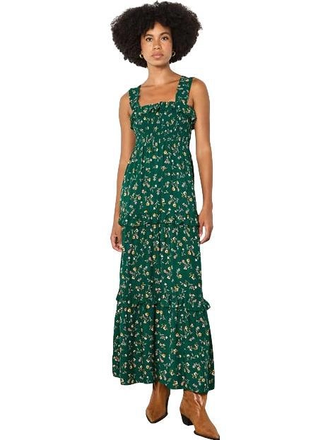 APRICOT Ditsy Floral Smocked Maxi Dress With Ruffle Trim - Green