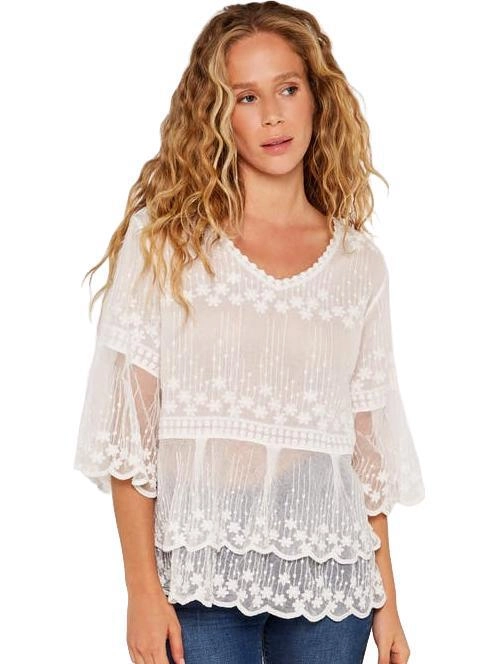 APRICOT Embroidered Cotton Mesh V-neck Tiered Blouse - Cream